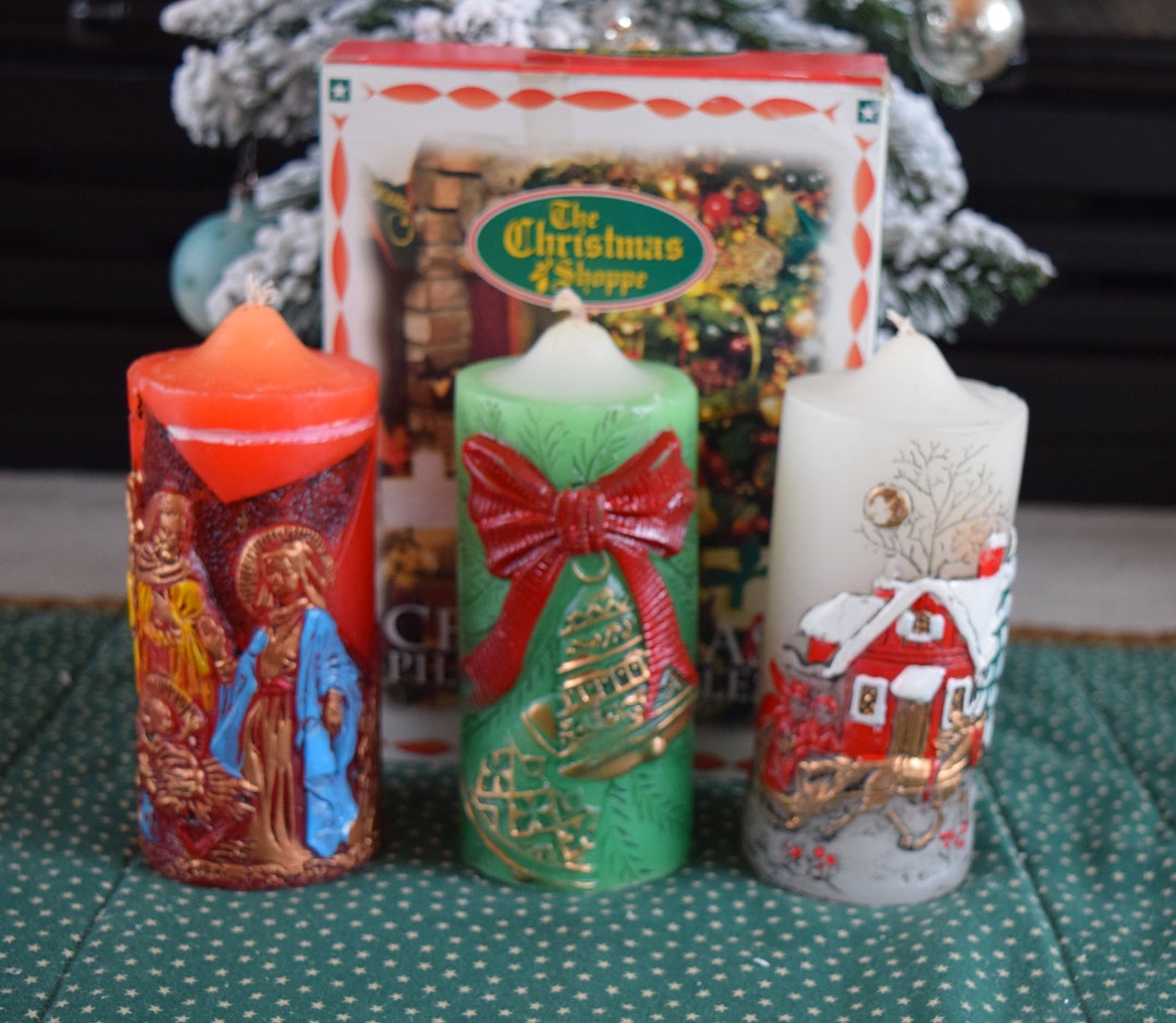 Vintage Christmas Scene Pillar Candles, Three in Set, Manger Scene ...