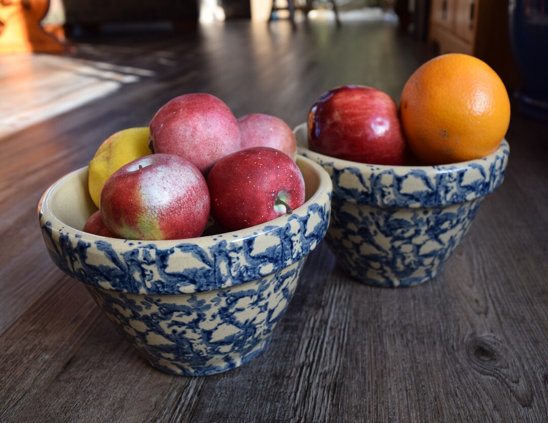 Roseville Spongeware Blue Pottery Bowl Set, Two, Robinson Ransbottom ...