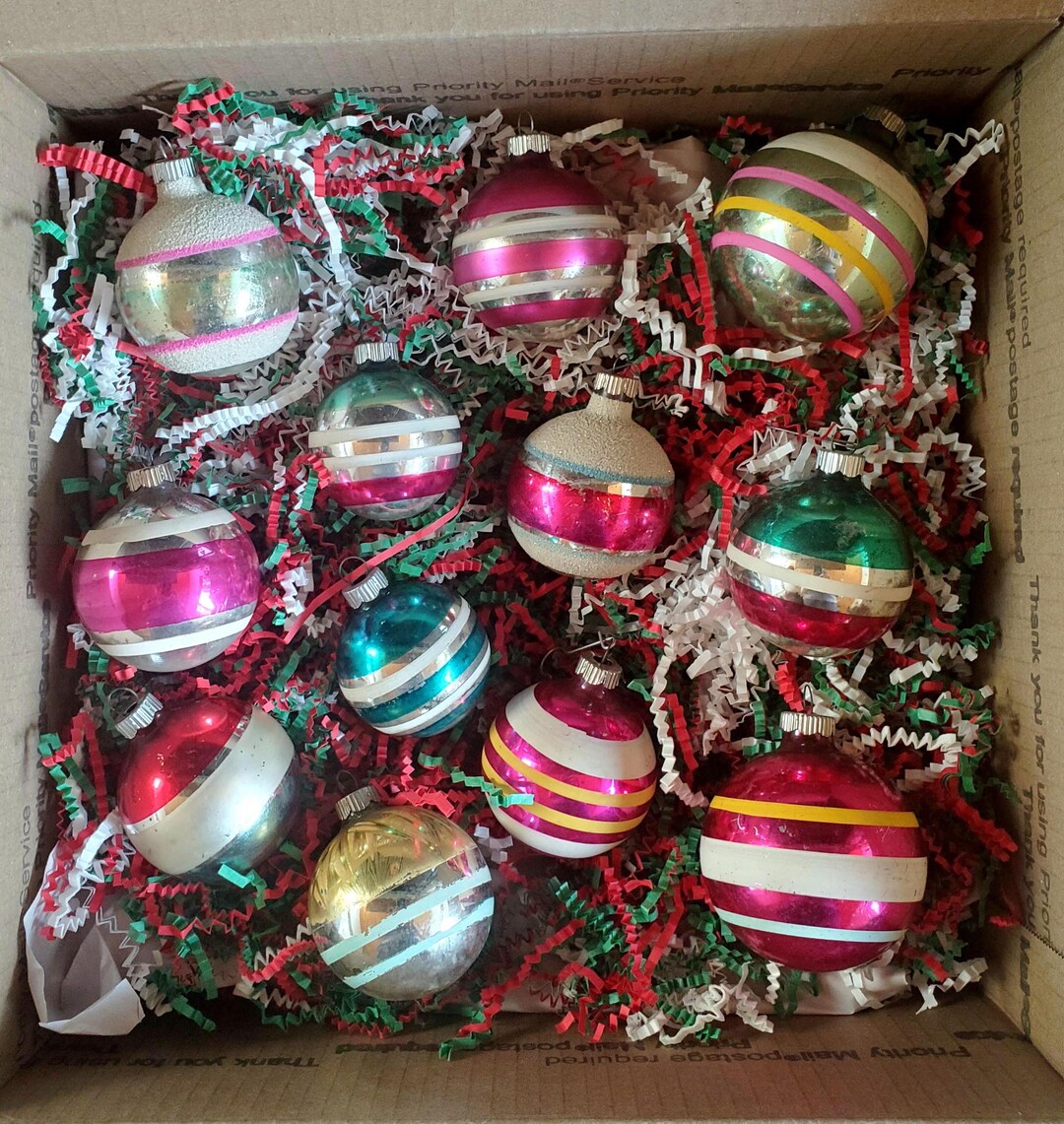 Vintage Dozen Striped Shiny Brite Christmas Ball Ornaments Lot ...