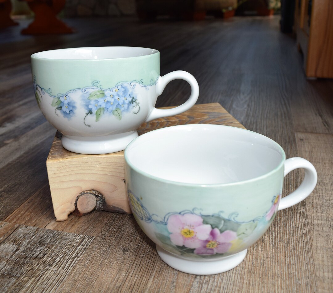 Large Hand Painted Floral Porcelain Coffee / Teacups, Large 16 Oz ...