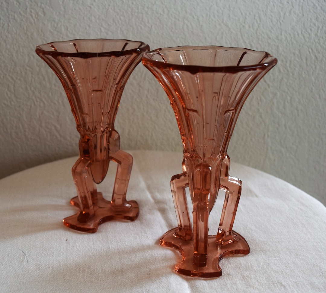 Art Deco Pink Glass Rocket Vases, Triple Legged, Two, Czech / Bohemian ...