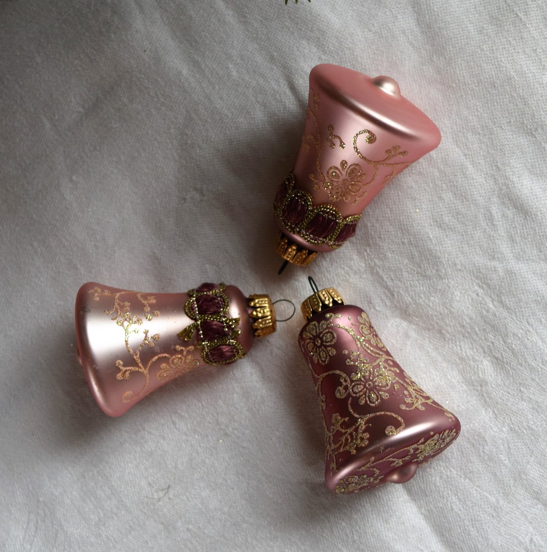 West German Pink Glass Bells With Glitter Stencils and Cloth Braid ...