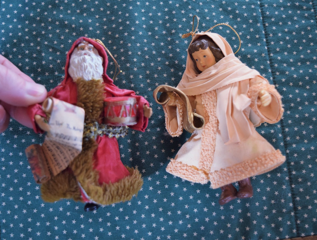 Fabric Mache Santa and Girl Ornaments, Christmas Stiff Cloth Ornaments ...