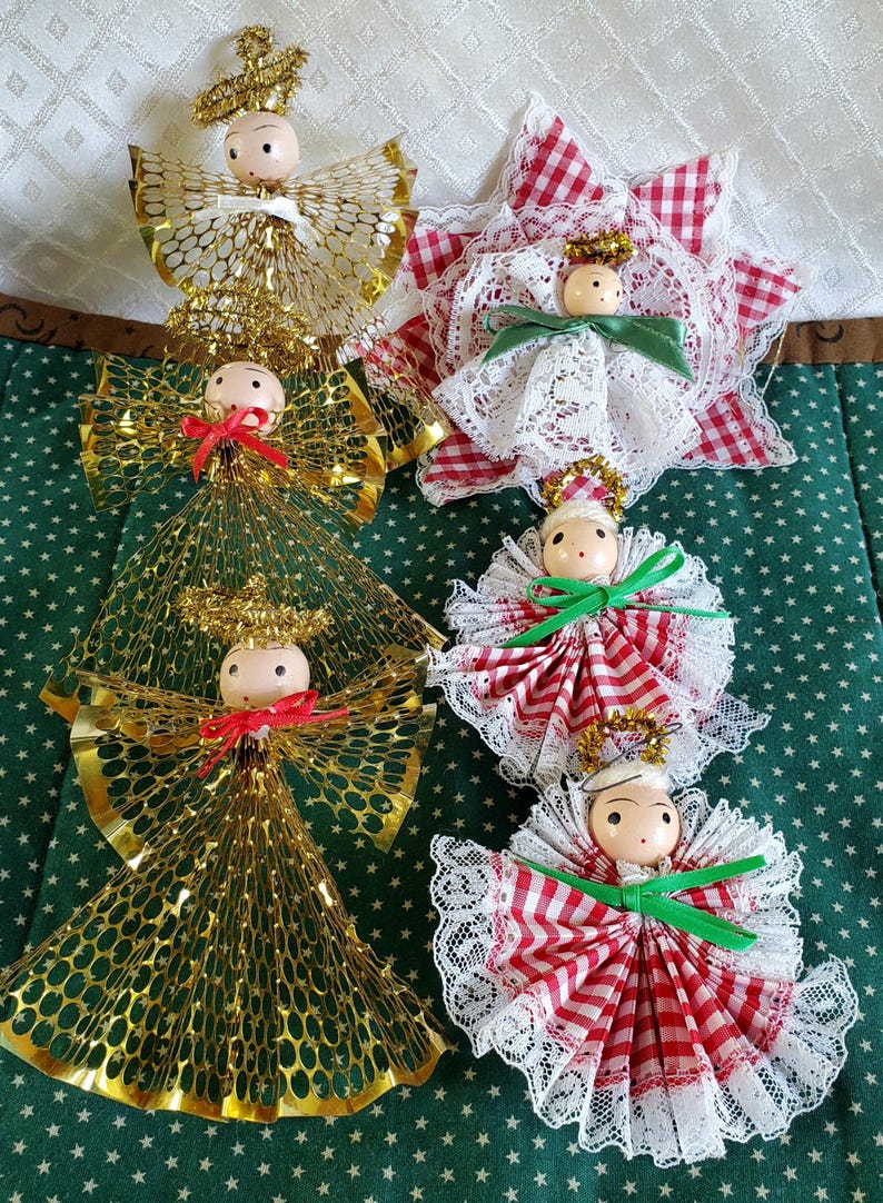 Three Vintage Gold Mesh Angel Christmas Ornaments, Honeycomb Ribbon ...