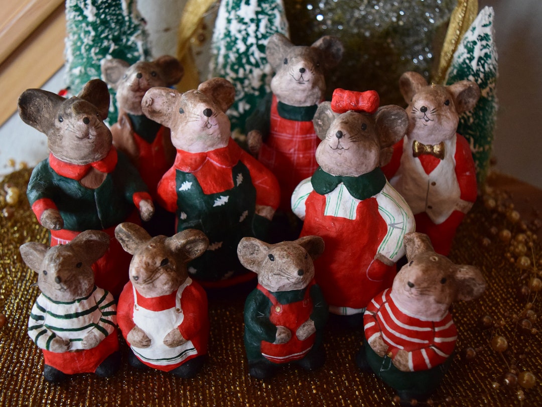 Vintage Mouse Christmas Family Set, Paper Mache, Ten in Set, Hand ...