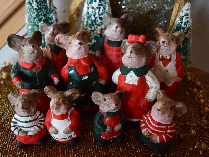 Vintage Mouse Christmas Family Set, Paper Mache, Ten in Set, Hand ...