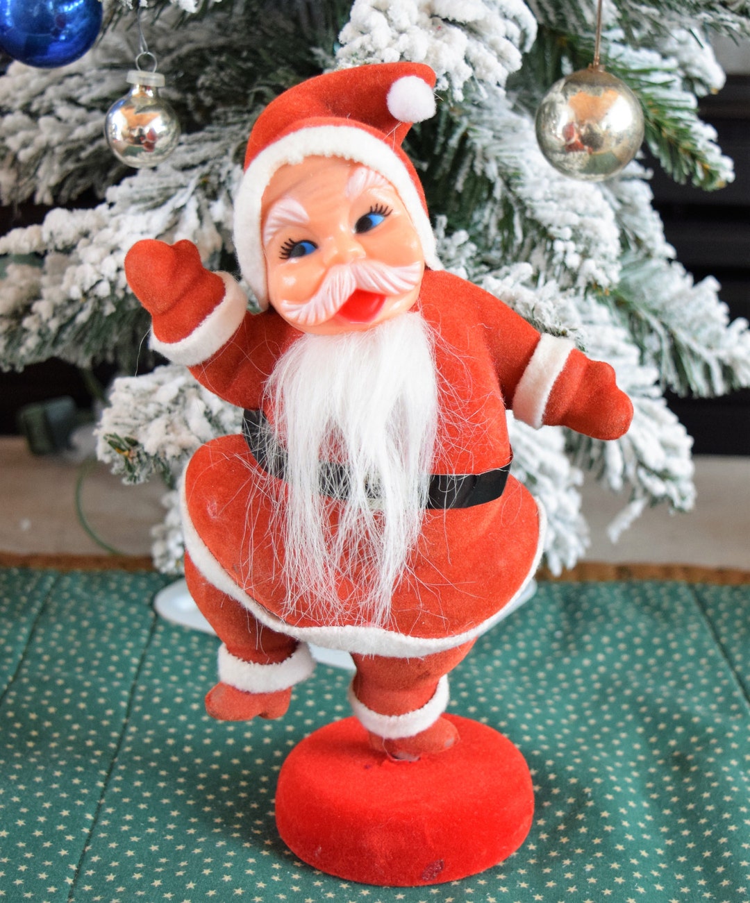 Vintage Flocked Dancing Santa, Blue Eyes, Retro Christmas Decor (9 Inch ...