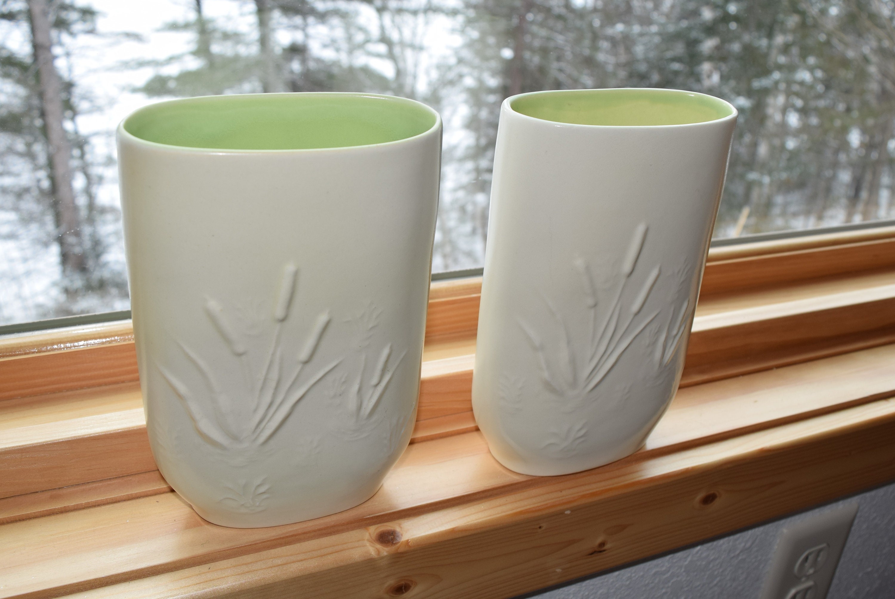 Vintage Red Wing Pottery Cattail Planter Set / Two Vases Set, Cream/ Green, Embossed, 0val, Red ...
