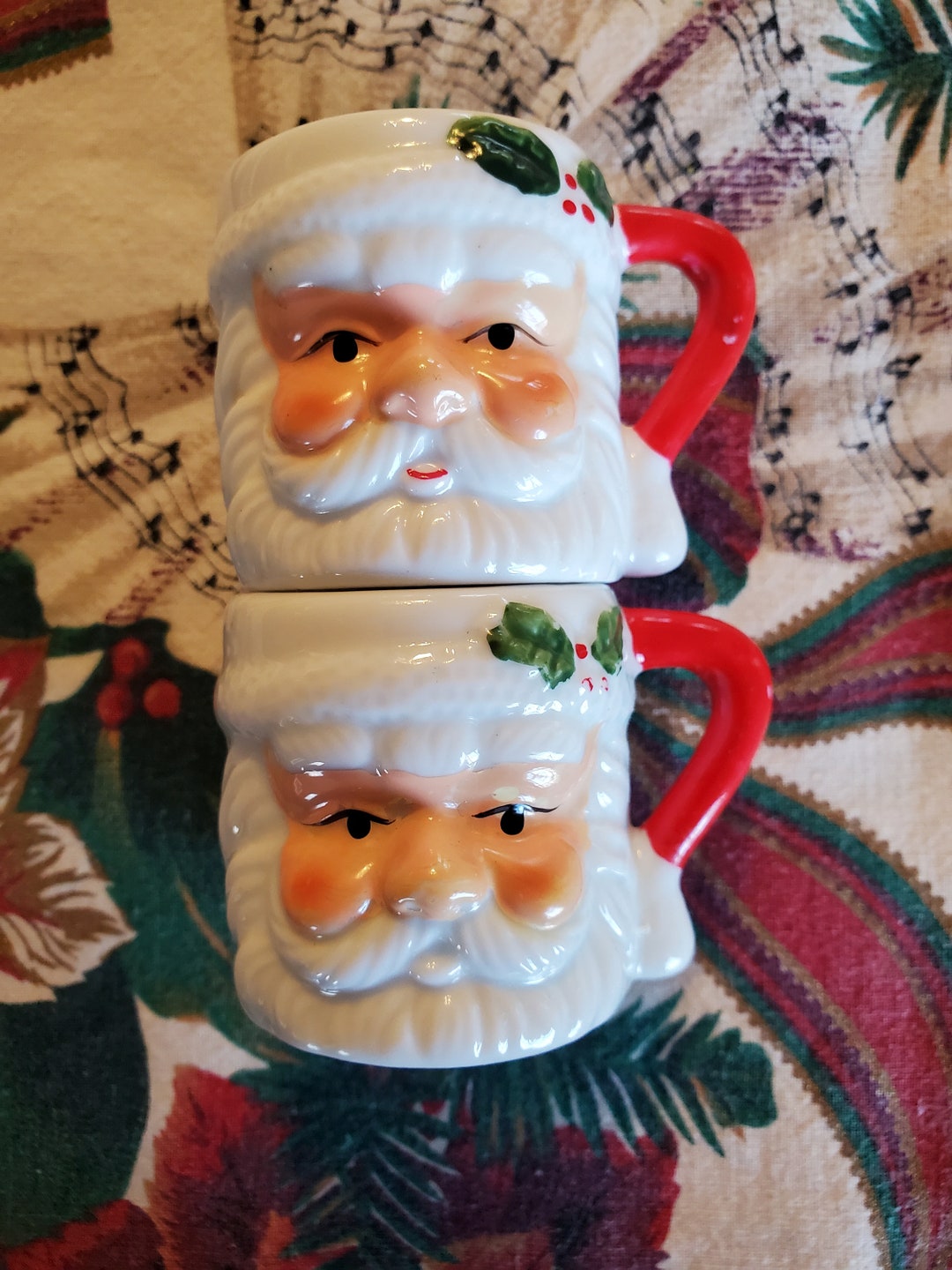 Two Vintage Santa Face / Head Miniature Mugs, Vintage Holly Berry Santa ...