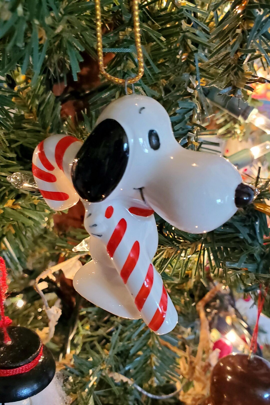 Snoopy With Candy Cane Ornament, Porcelain, 1970s, Peanuts, United ...
