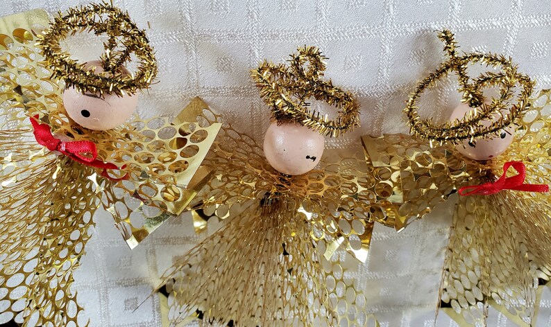 Three Vintage Gold Mesh Angel Christmas Ornaments, Honeycomb Ribbon ...