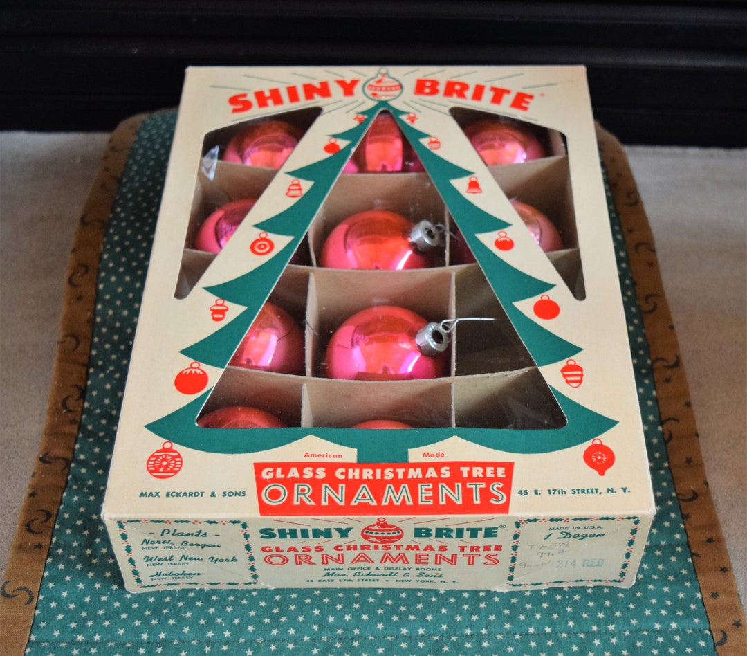 Vintage Shiny Brite Box Pink Christmas Ornament Set 10 Original Max