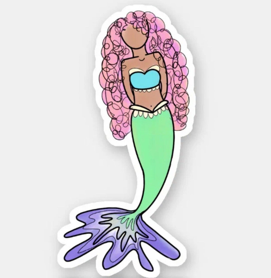 Cartoon Cute Little Mermaid Sticker Simple Design Fantasy Curly Hair ...