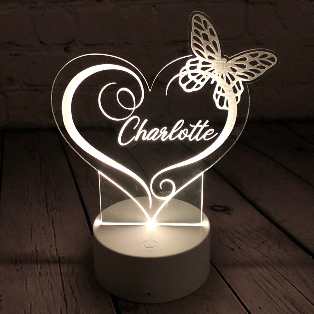 Personalized Name Lamp Butterfly Heart Nightlight Gift Light up ...