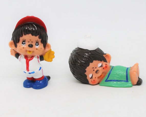 Vintage Monchhichi Sekiguchi PVC Figure Hong Kong Monchichi Monkey 2 Mini Retro Collectible Sleeping Blanket Baseball Glove Tiny