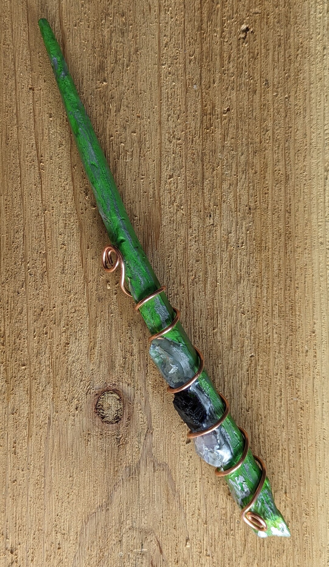 Hand Carved Copper Wrapped River Wood Wand With Clear Quartz, Black ...