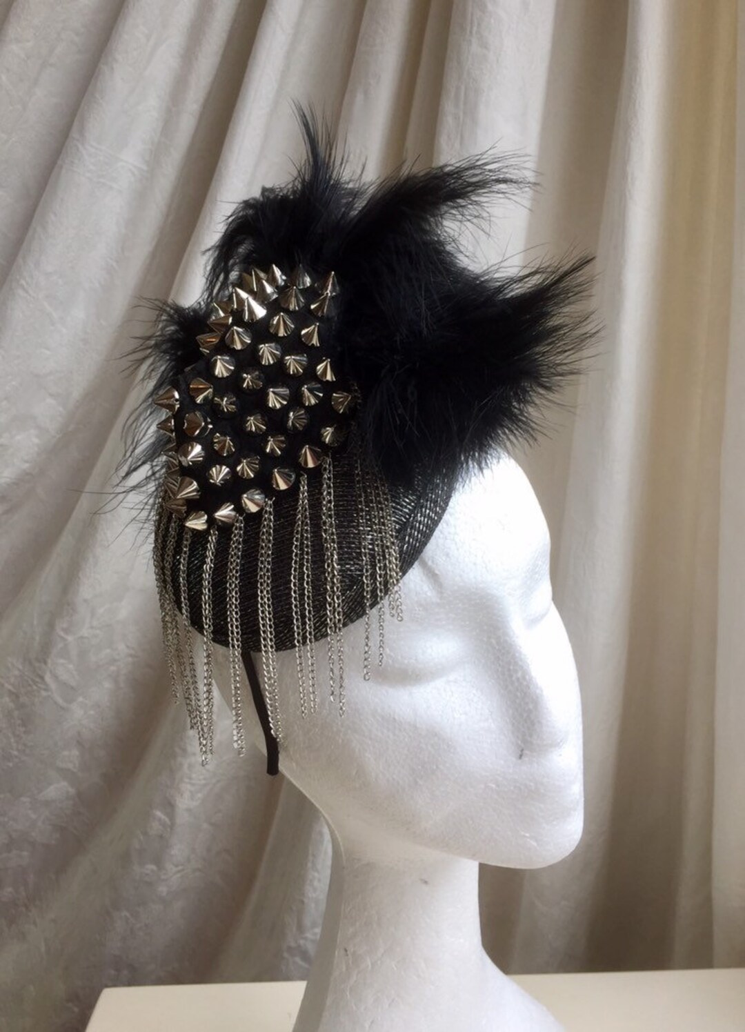 Rock Inspired Hat, Headpiece, Black and Silver Stud and Feather. - Etsy