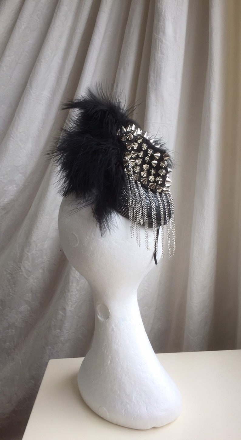 Rock Inspired Hat, Headpiece, Black and Silver Stud and Feather. - Etsy