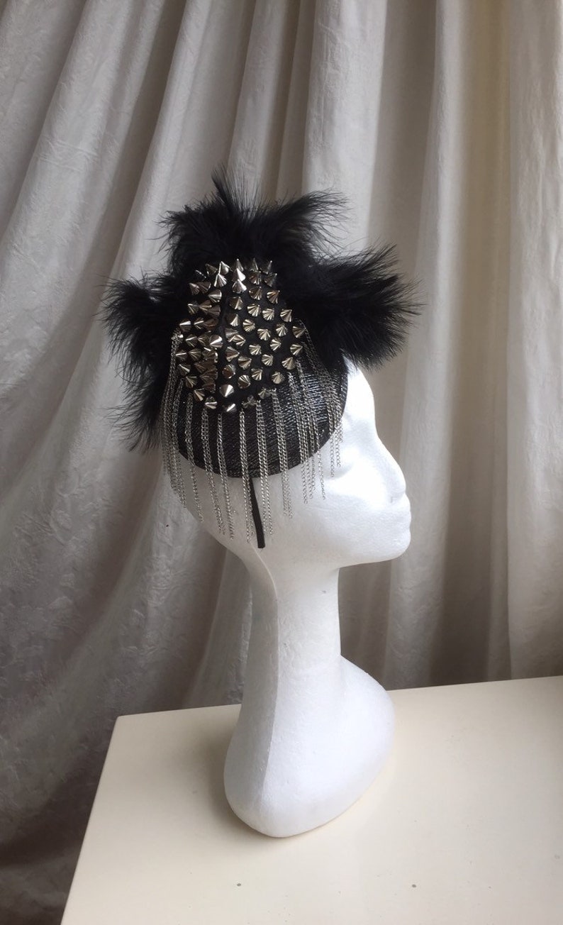 Rock Inspired Hat, Headpiece, Black and Silver Stud and Feather. - Etsy