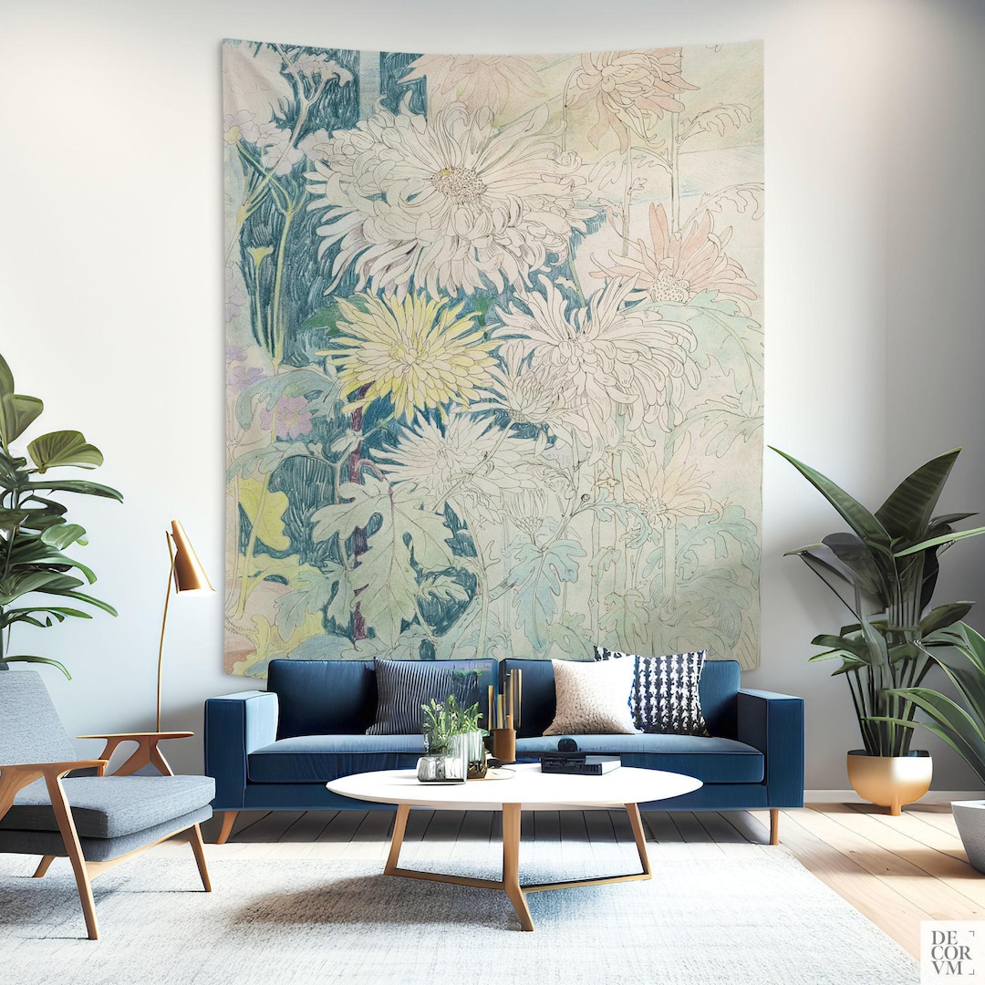 Chrysanthemum Flower Drawing Wall Tapestry: Fabric Boho Decor. FLR013 ...