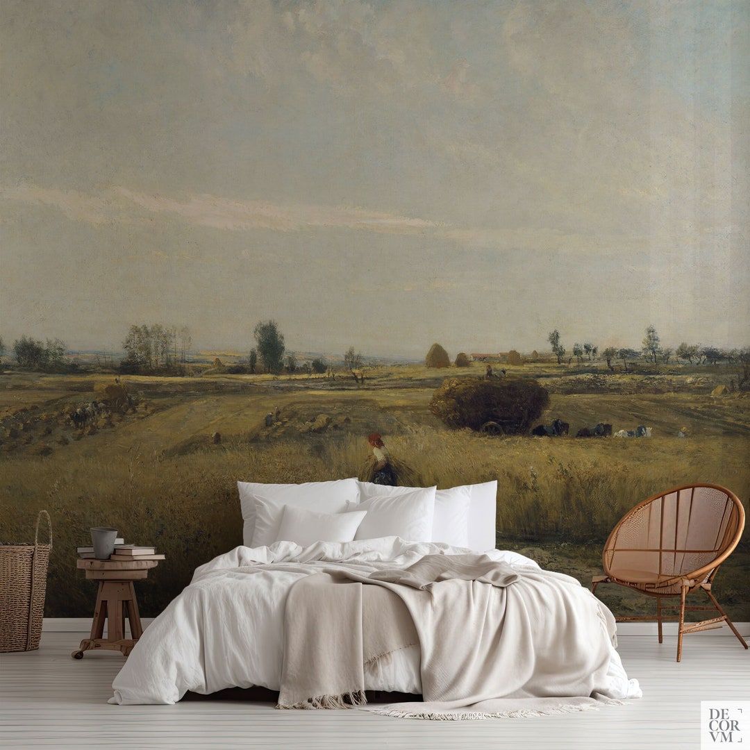 French Painting Wall Mural of a Country Side Harvest in Barbizon ...
