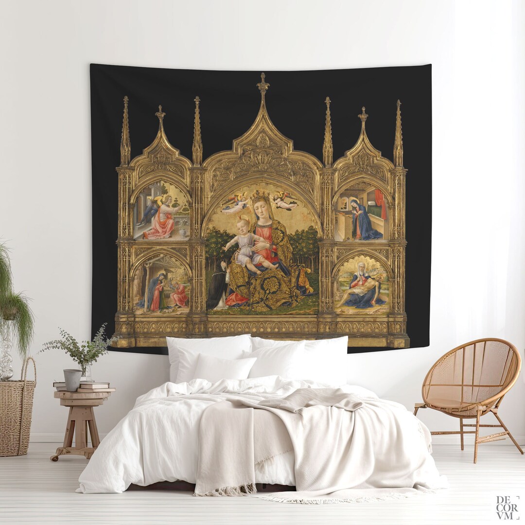 Italian Religious Triptych Wall Tapestry, Madonna and Child Altarpiece ...