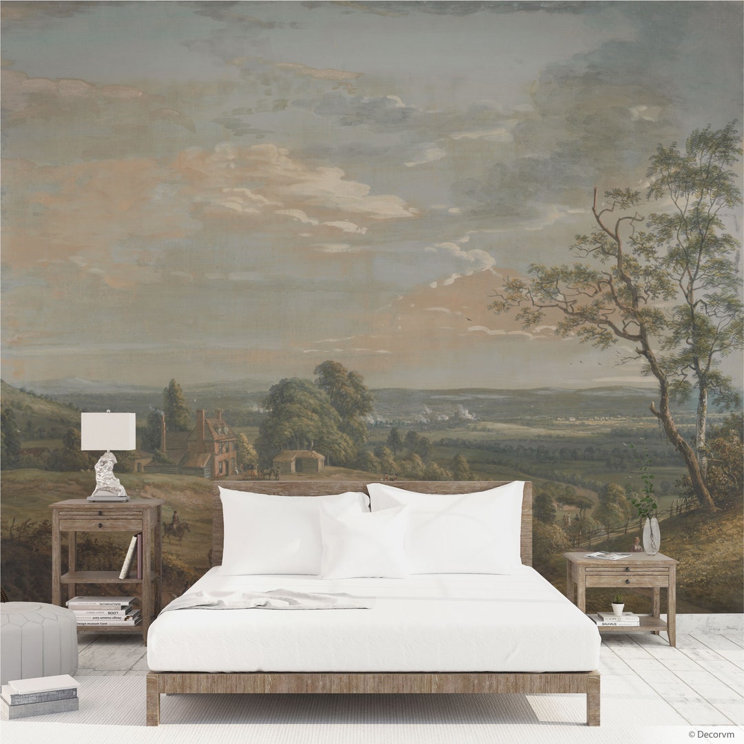 Rural Painting Wall Mural, Cottagecore Decor Wallpaper With a Landscape ...