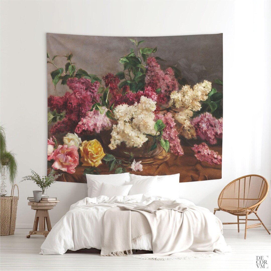 Floral Wall Tapestry of Roses and Lilacs, Floral Painting Printed on ...