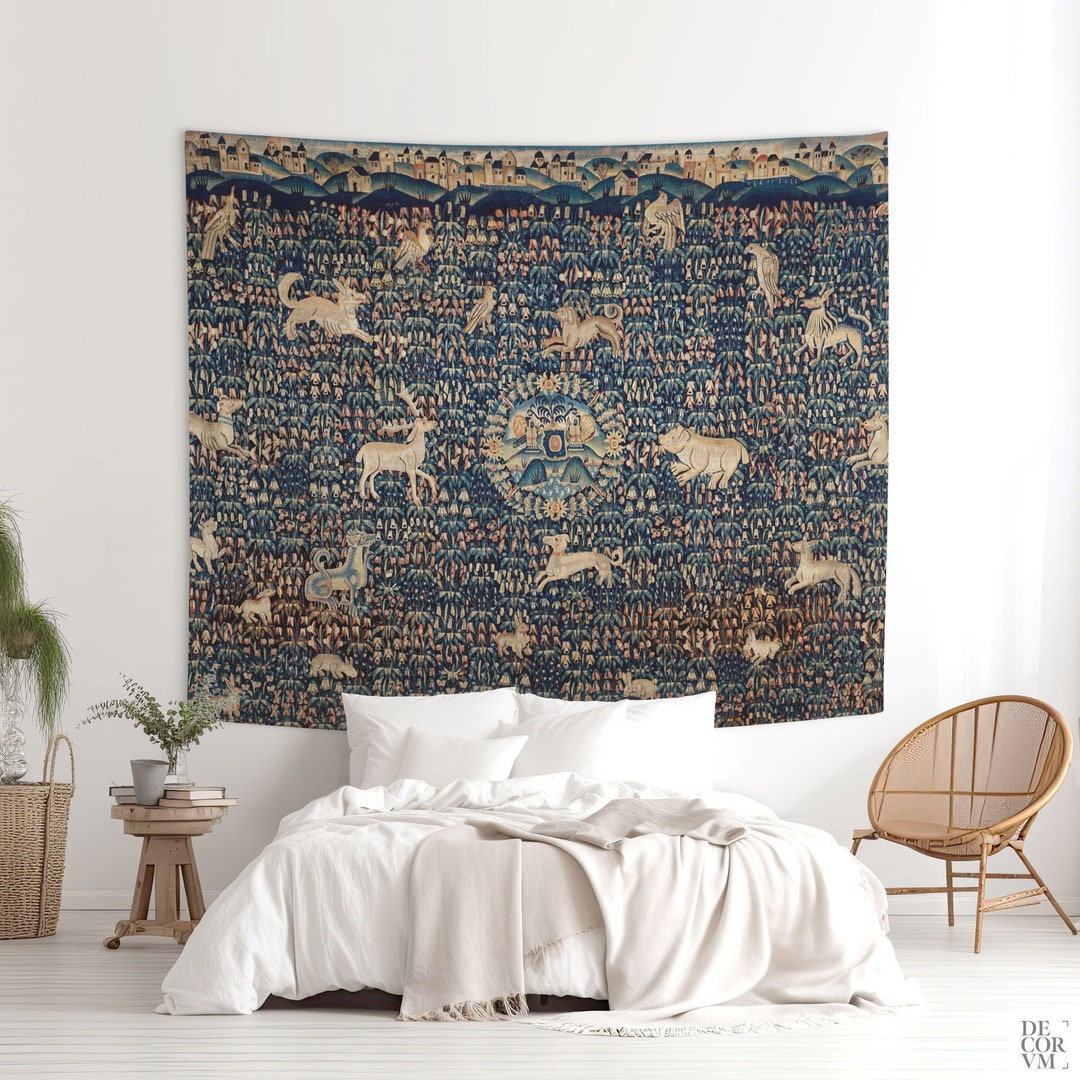 Animal Tapestry With Flowers, French Wall Hanging Printed Fabric ...