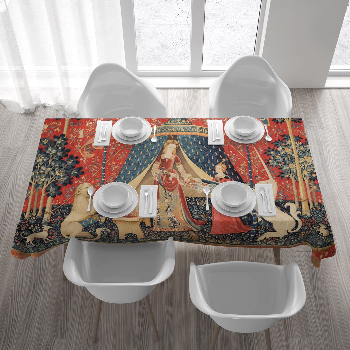 Lady and Unicorn Tapestry Tablecloth, Medieval Art Kitchen Decor ...
