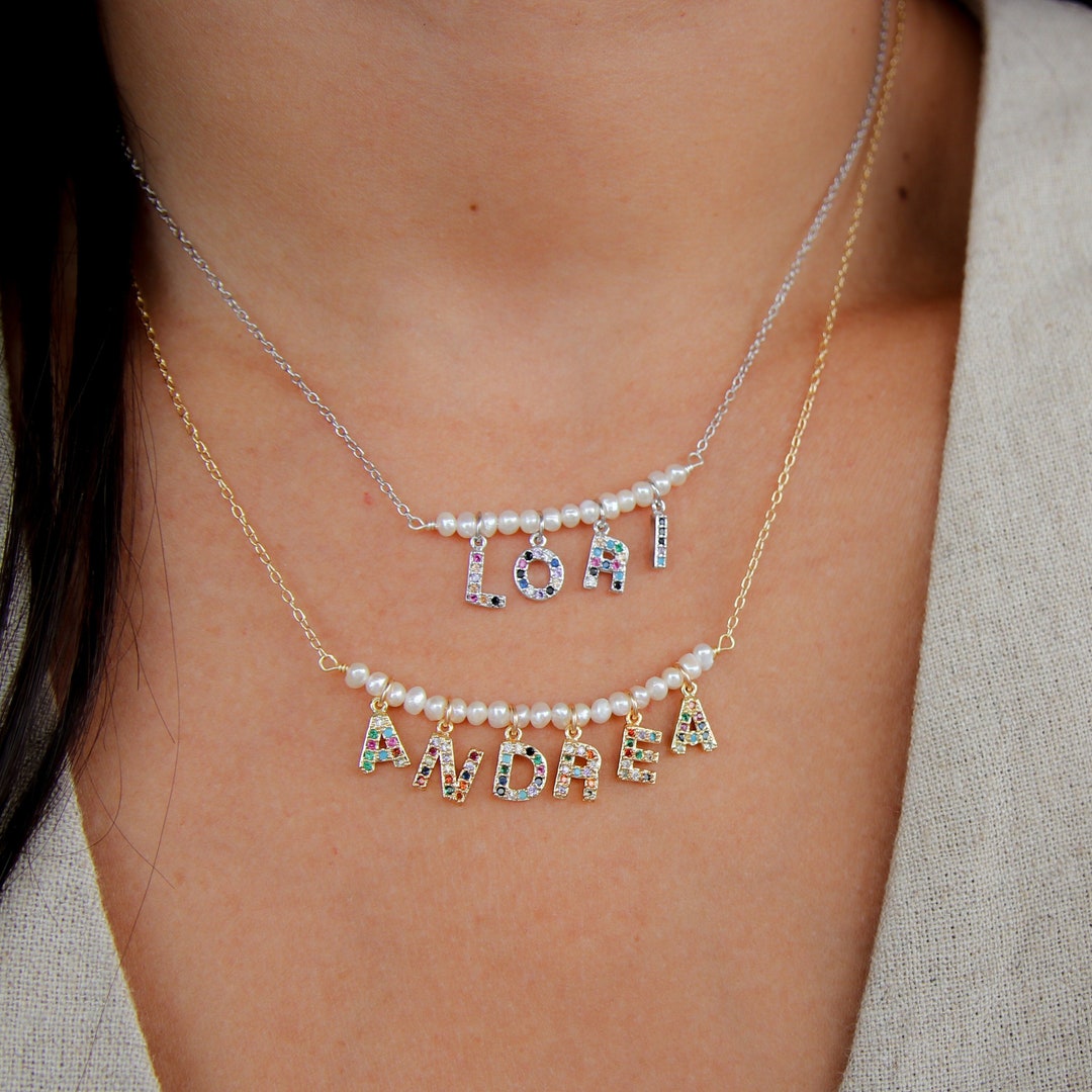 Baroque Pearl Name Necklace, Alphabet Necklace, Pearl Bar Necklace ...