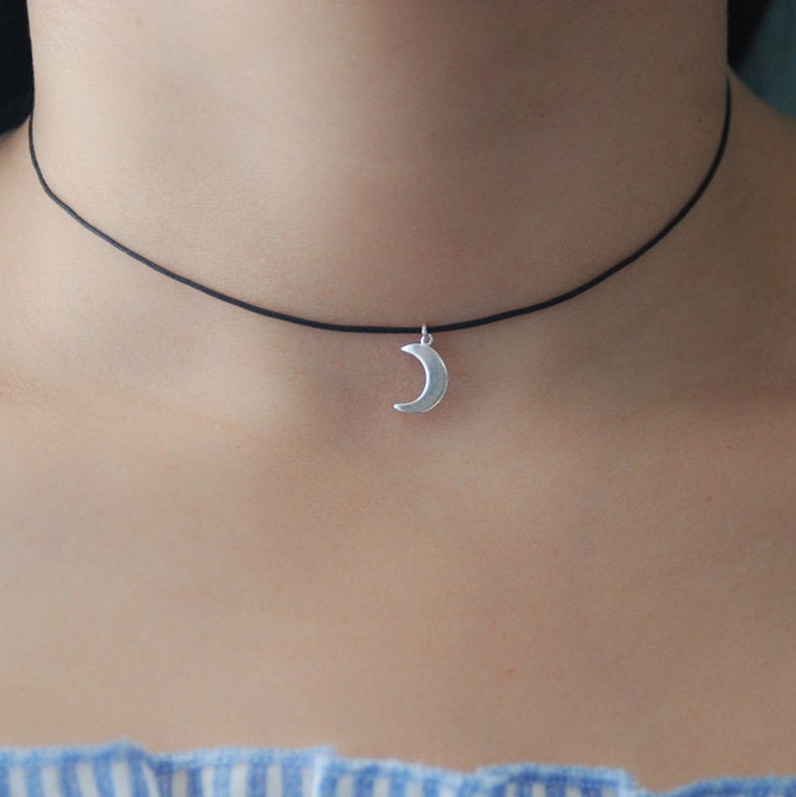 Moon Choker Dainty Necklace Moon Jewelry Sterling Silver - Etsy