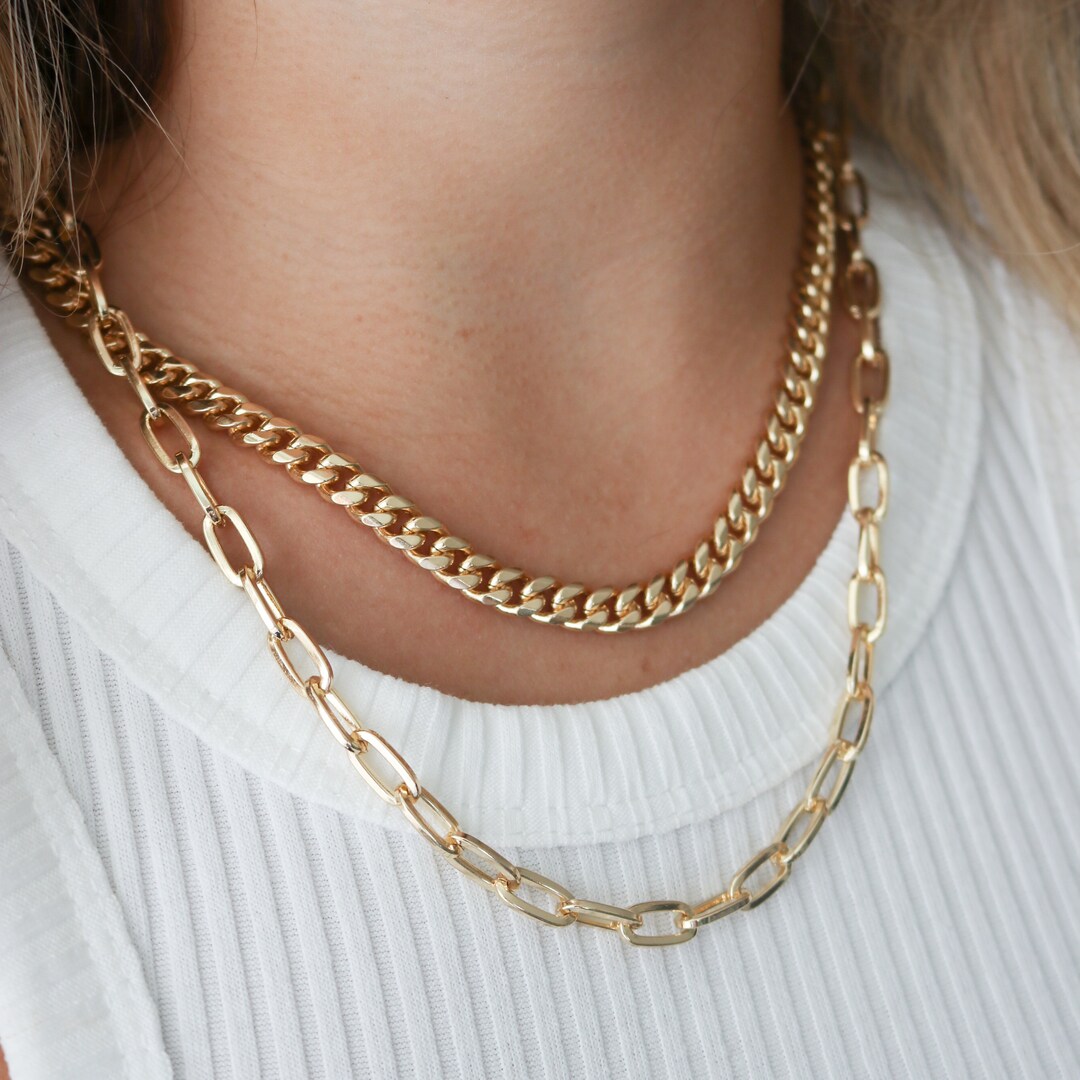Chunky Link Chain Necklace, Gold Paperclip Chain, Herringbone Necklace ...