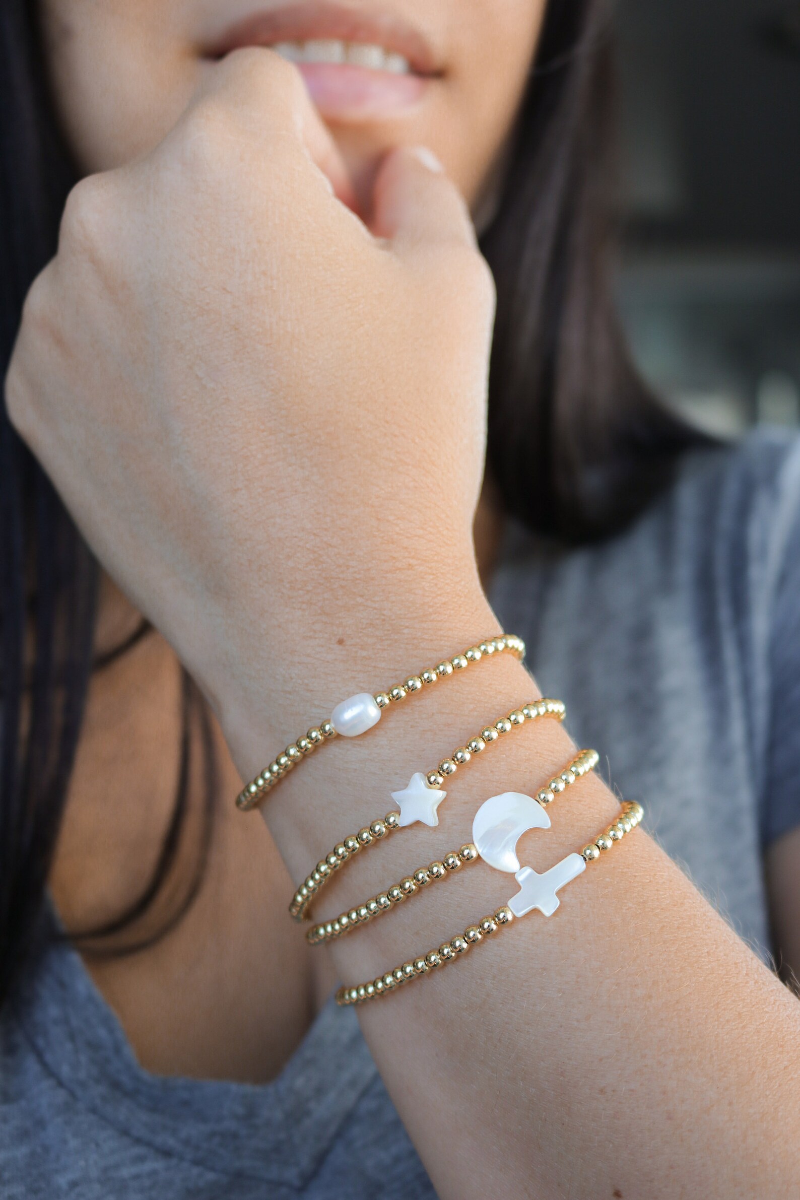 Dainty Beaded Bracelet Stretch Moon Bracelet Cross - Etsy