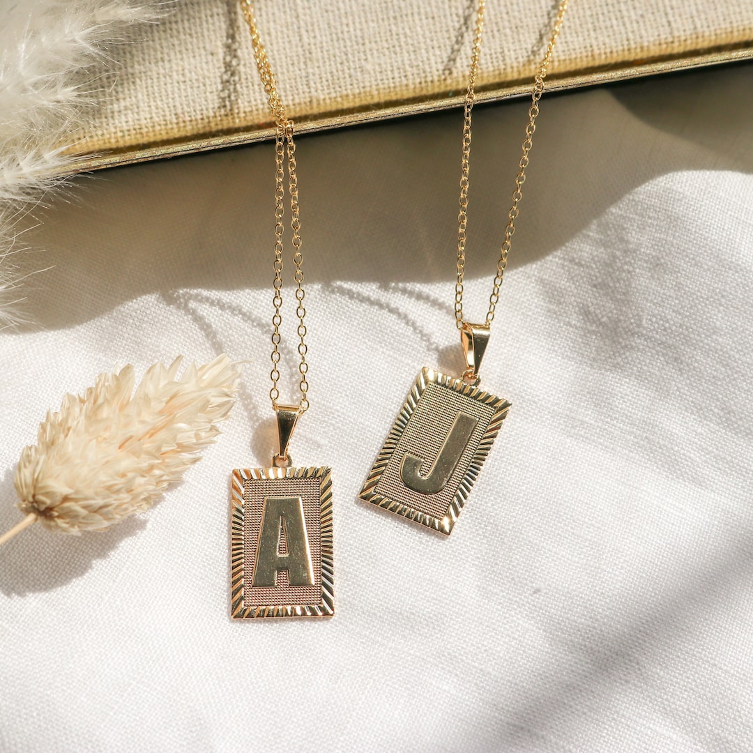 Rectangle Initial Necklace, Gold Initial Necklace, Personalized Initial ...