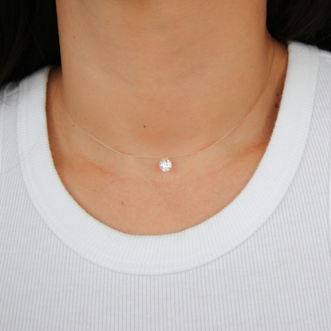 Floating Necklace, Illusion Necklace, Invisible Necklace, Small Crystal Wedding Necklace ...