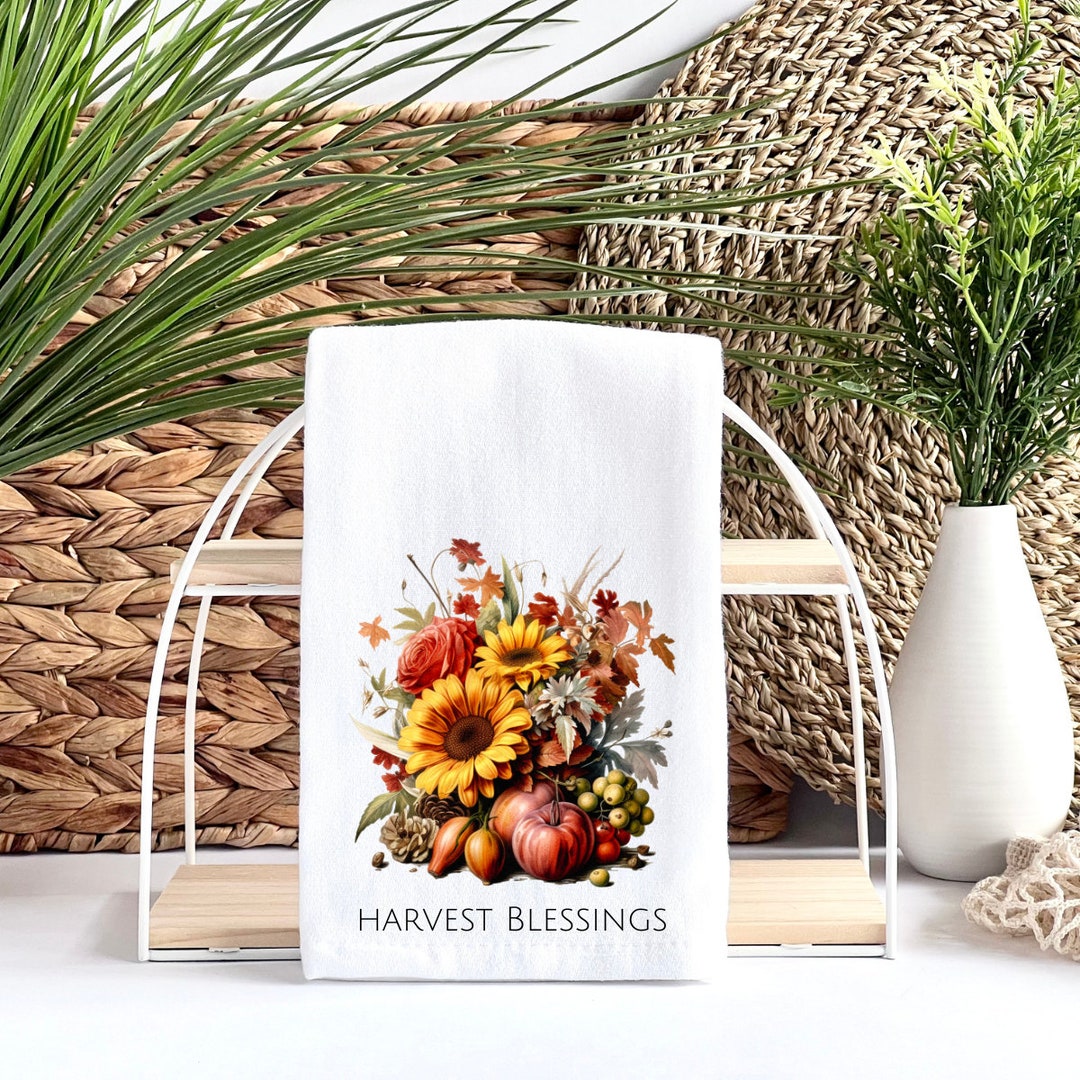 Harvest Blessings Tea Towel, Kitchen Towel, Fall Flowers, Sunflowers ...