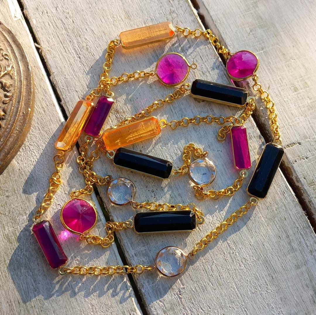 Piece of Chain 80cm Gold Chain Round Links Lucite Beads Orange Pink ...