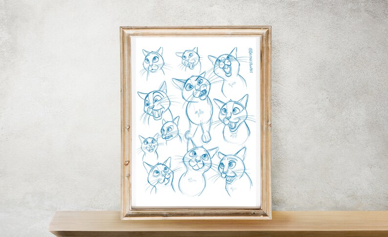 Cat Art, Cat Print Sketch Art, Cat Decor Cartoon Portrait, Sketch Cat ...