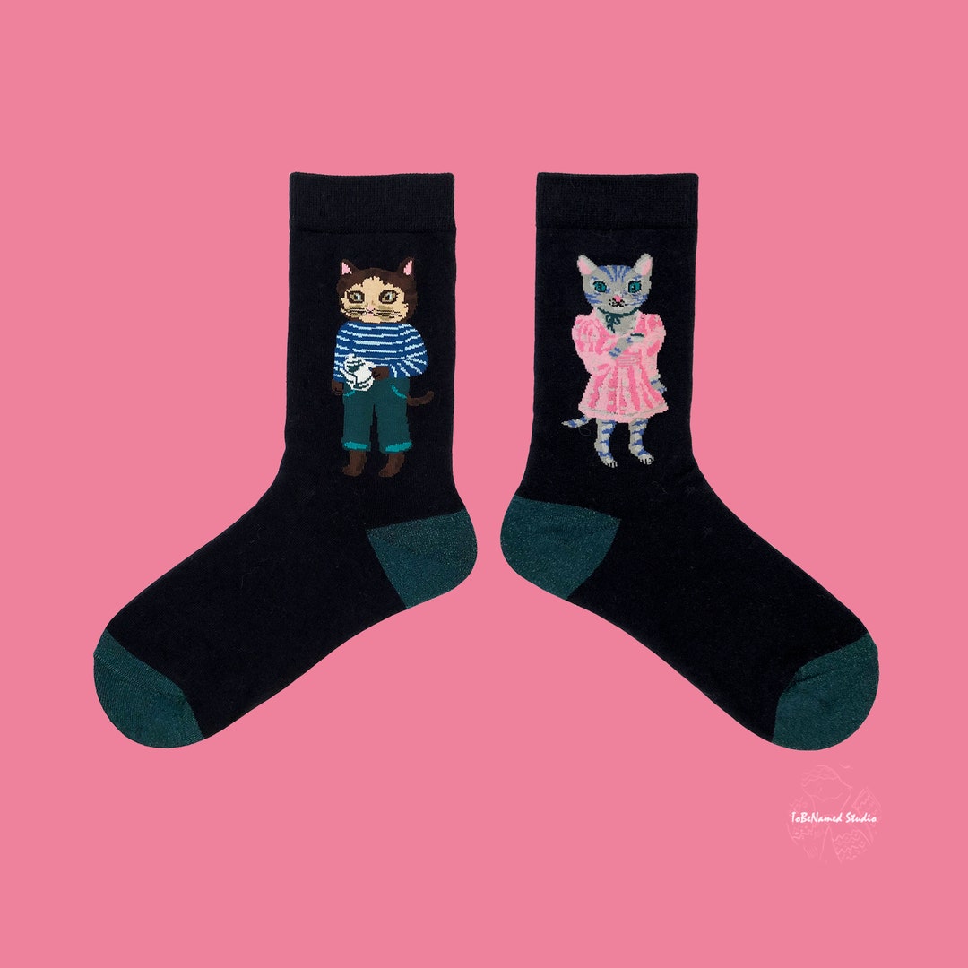 SPARKLING CAT FRIENDS Mismtched Novelty Crew Socks | Funky Cat Cotton ...