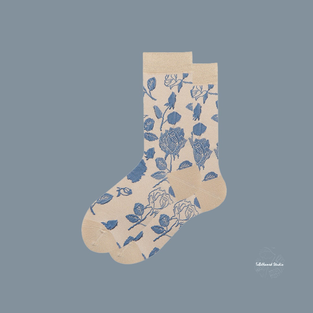 TOILE De FLEURS Floral Patterned Art Socks | Cream Cotton Crew Socks ...