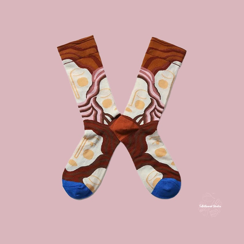 SLEEPING BEAUTY Abstract Face Art Crew Socks | Burgundy Peach Cobalt ...