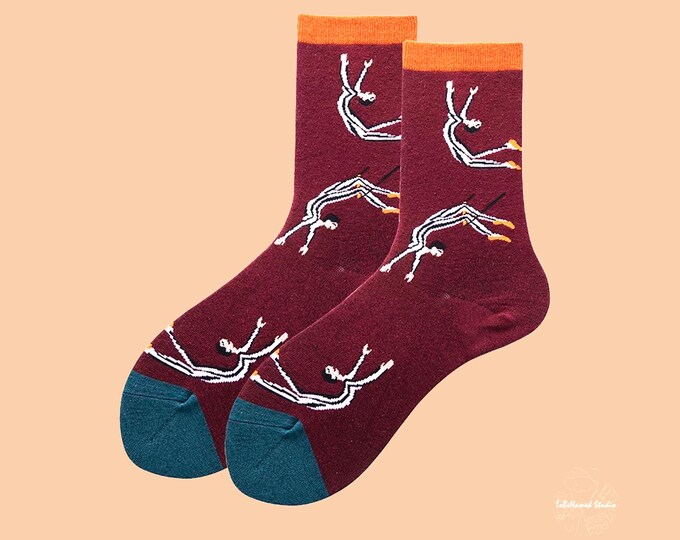 CIRCUS ACROBAT Novelty Trapeze Artist Socks | Burgundy Cotton Crew ...
