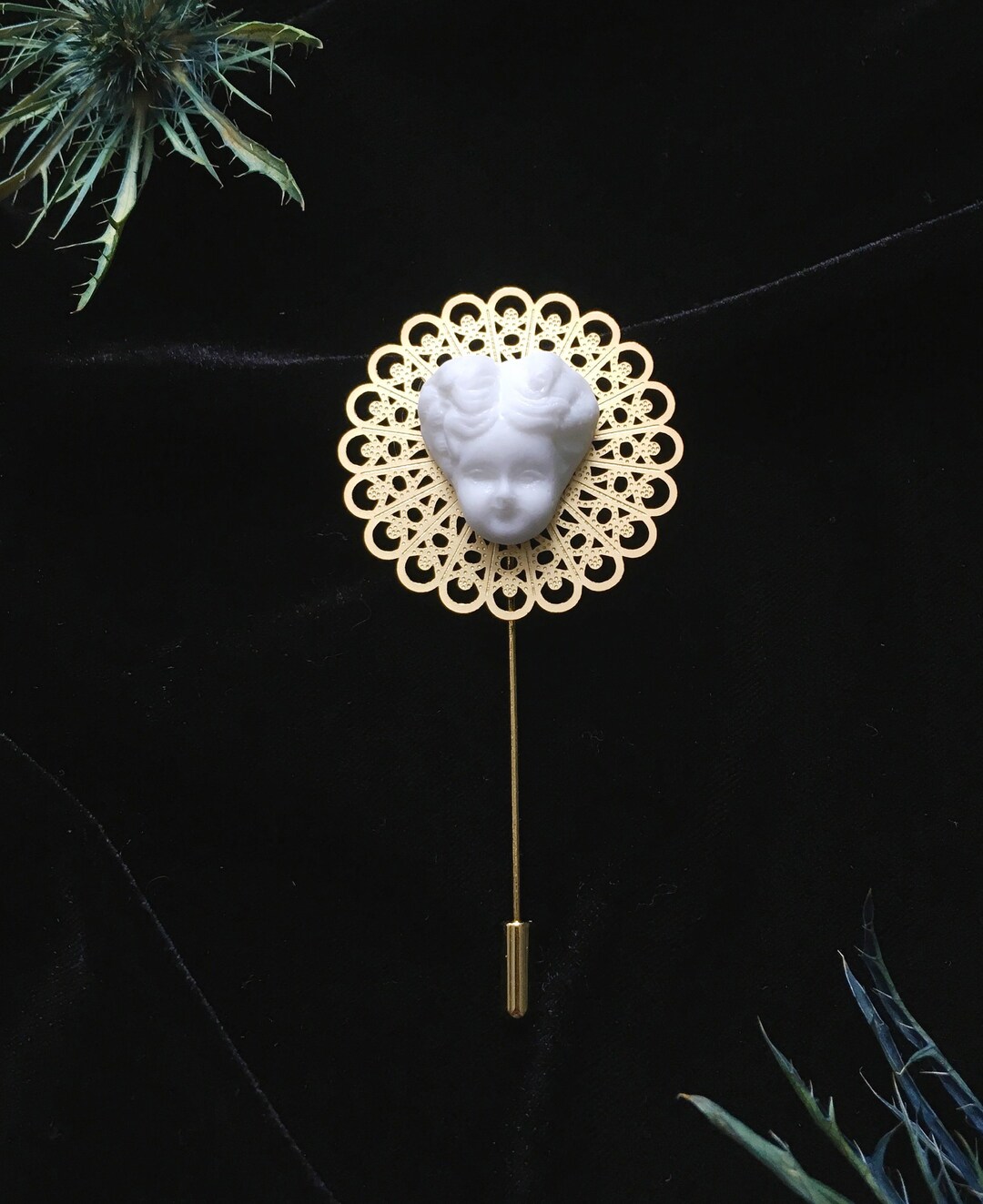 FROZEN HEIR Baroque Doll Face Brooch Pin | Long Needle Filigree Stick ...