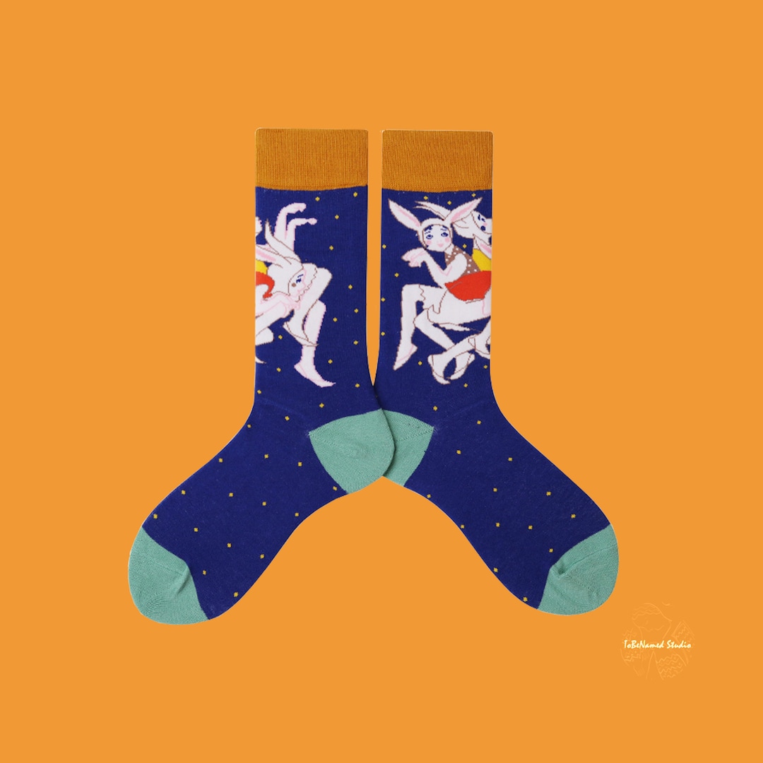 BUNNY DANCE Whimsical Patterned Crew Socks | Whimsical Lady Bunny Blue ...