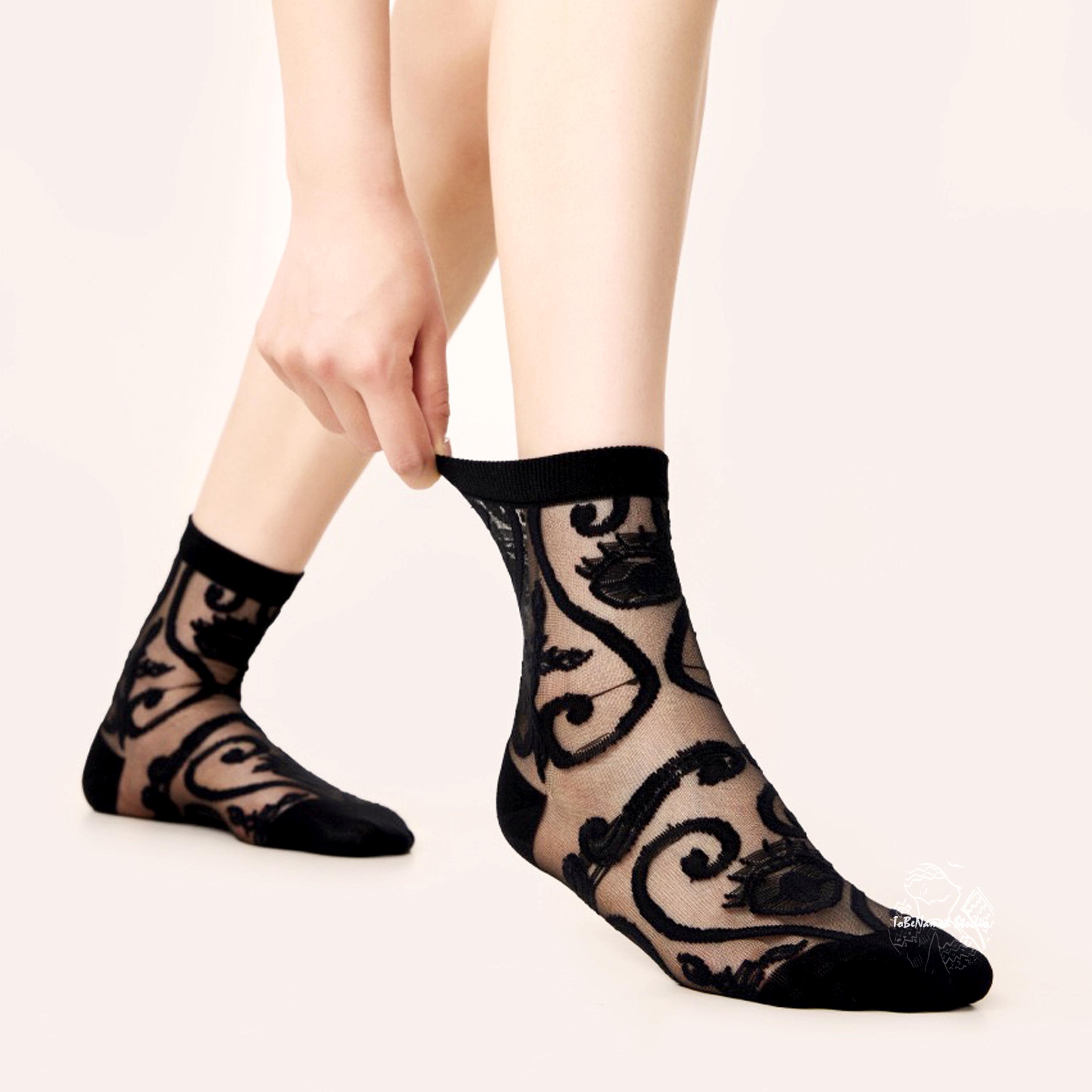 GOTHIC LACE Black Transparent Floral Patterned Sheer Socks | Romantic ...
