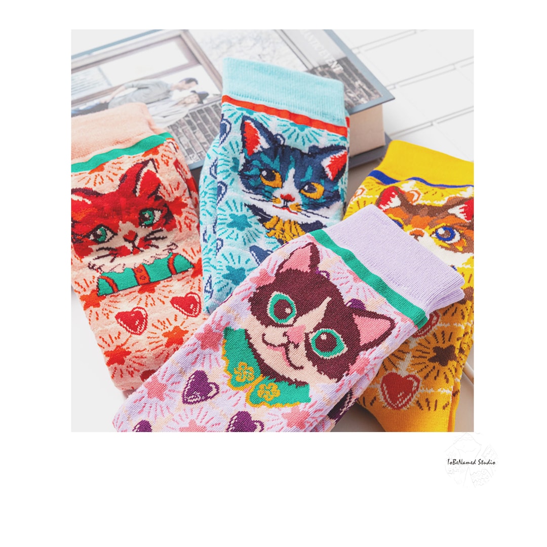 TEATIME CATS Women Cotton Fun Cat Crew Sock Cat Art Patterned Socks ...