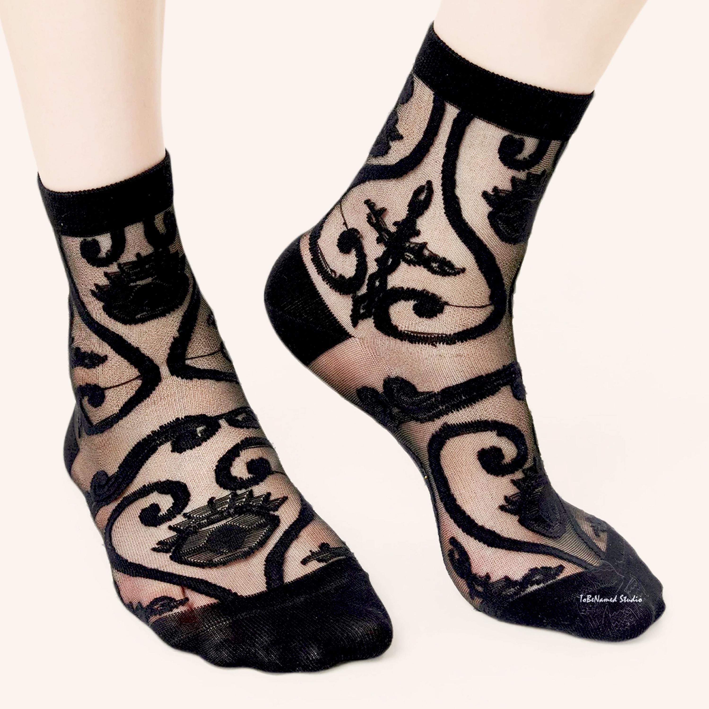 GOTHIC LACE Black Transparent Floral Patterned Sheer Socks | Romantic ...