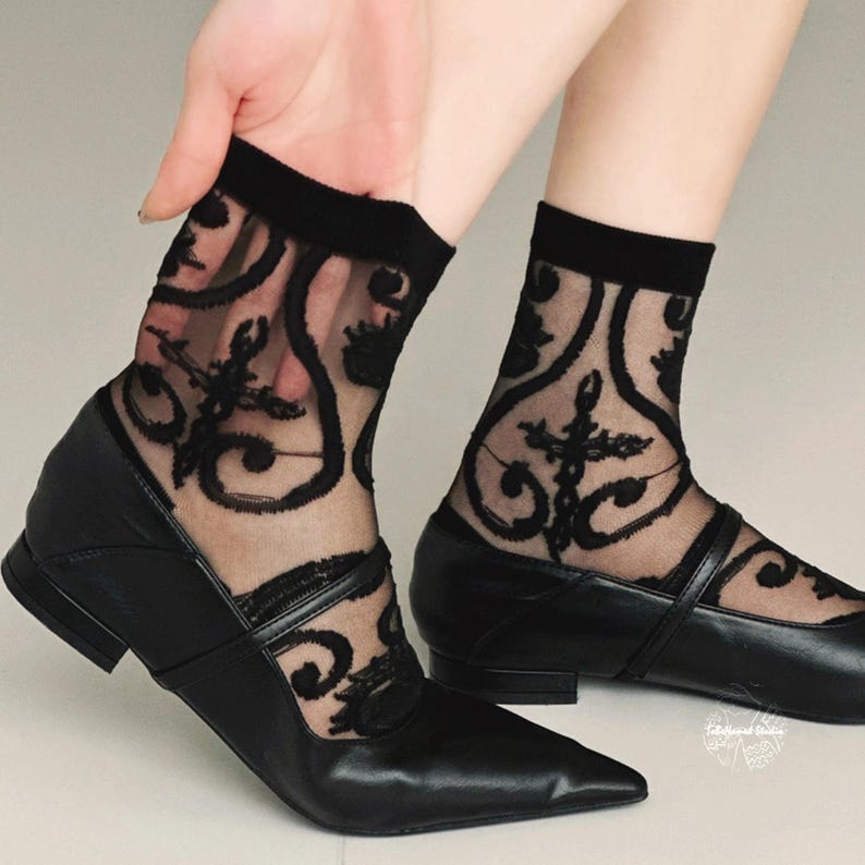 GOTHIC LACE Black Transparent Floral Patterned Sheer Socks | Romantic ...