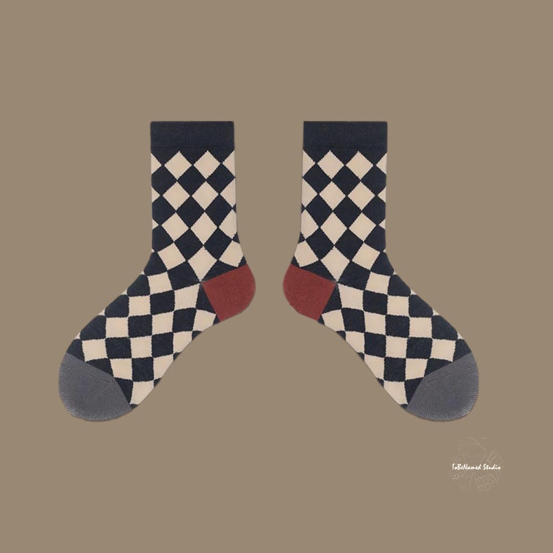 PLAYFUL RHOMBUS Harlequin Checkerboard Socks | Black White Cotton Crew ...